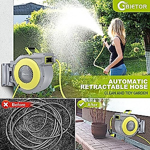 Bietor Retractable Garden Hose Reel 1/2 Inch x 130 ft + 6 ft, Wall Mounted Water Hose Reel, with 9 Pattern Hose Nozzle, Slow Return System, Any Length Lock, 180°Swivel Bracket