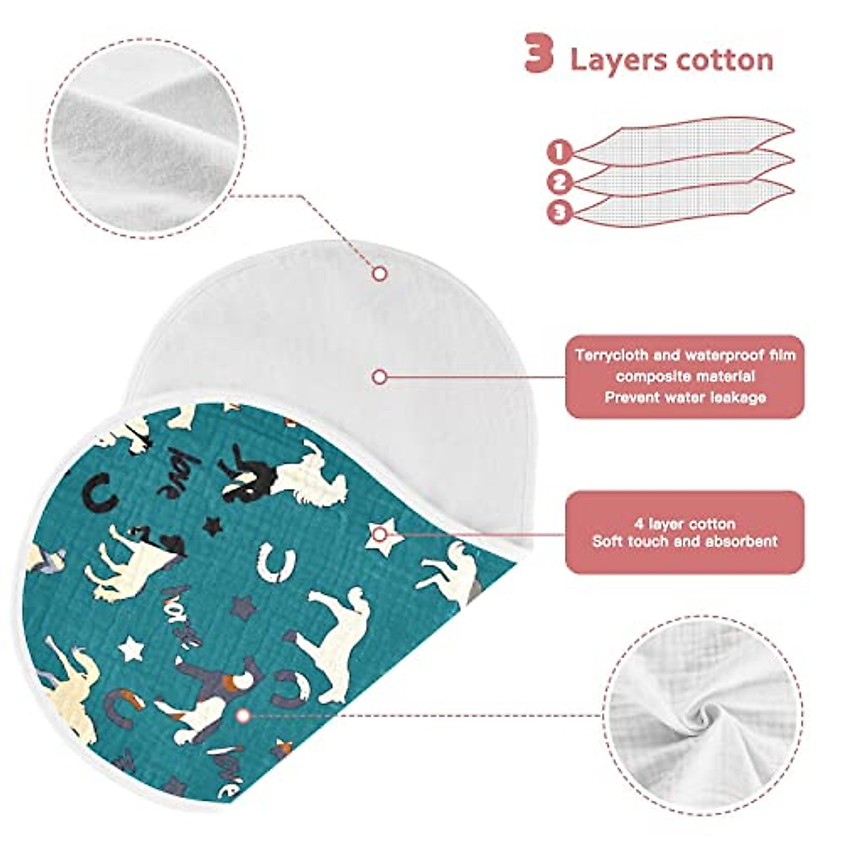 YYZZH Horse Pattern Star Horseshoes Letter Muslin Burp Cloths for Baby 4 Pack 100% Cotton Baby Washcloths Bibs for Boy Girl