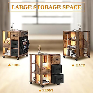 dnbss Nightstand with Charging Station, LED Nightstand with Drawers, Smart Nightstand with USB Ports, Modern Night Stand Bedside Table with Storage Shelves for Living Room, Bedroom, Brown