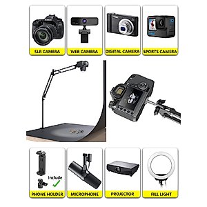 CACENCAN Overhead Camera Mount, 5lb Horizontal Load-Bearing, 360° Adjustable Camera Stand for Desk, Flexible Camera Arm Desk Mount, with Phone Clamp, Tabletop Mount for DSLR Camera/Webcam/Microphone