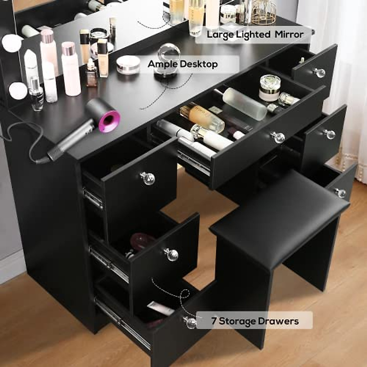 SMOOL Vanity with Lighted Mirror, Makeup Desk Power Outlet and LED Bulbs, 3 Color Lighting Modes Adjustable Brightness, 7 Drawers Table Cushioned Stool for Women Girls, 44'' L, 2-black