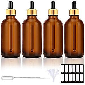 PrettyCare Eye Dropper Bottles 4 oz 4 Pack (Glass Bottles 120ml with Golden Caps, 12 Labels, Funnel & Measured Pipettes) Empty Tincture Bottles for Essential Oils (Amber)