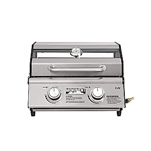 Portable Propane Gas Grill 2-Burner Tabletop Clearview Monument Grills for Outdoor Camping Cooking, Two 15,000 BTU Burners, Stainless Steel, and Built-in Thermometer