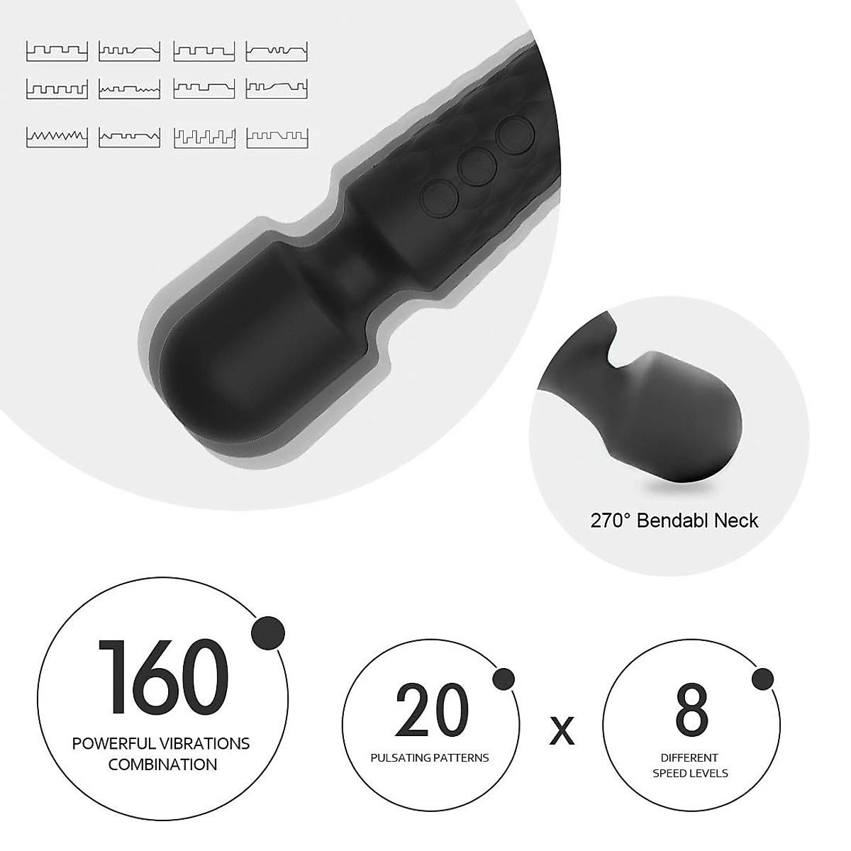 Female Vibrator, G-Spot & Sex Toy, 20 Modes & 8 Speeds Wand Massager, Quiet, Waterproof, USB Rechargeable Vibrator, Hand-Held Cordless Sex Toys Vibrator for Her Pleasure, Female Adult Toy (Black)