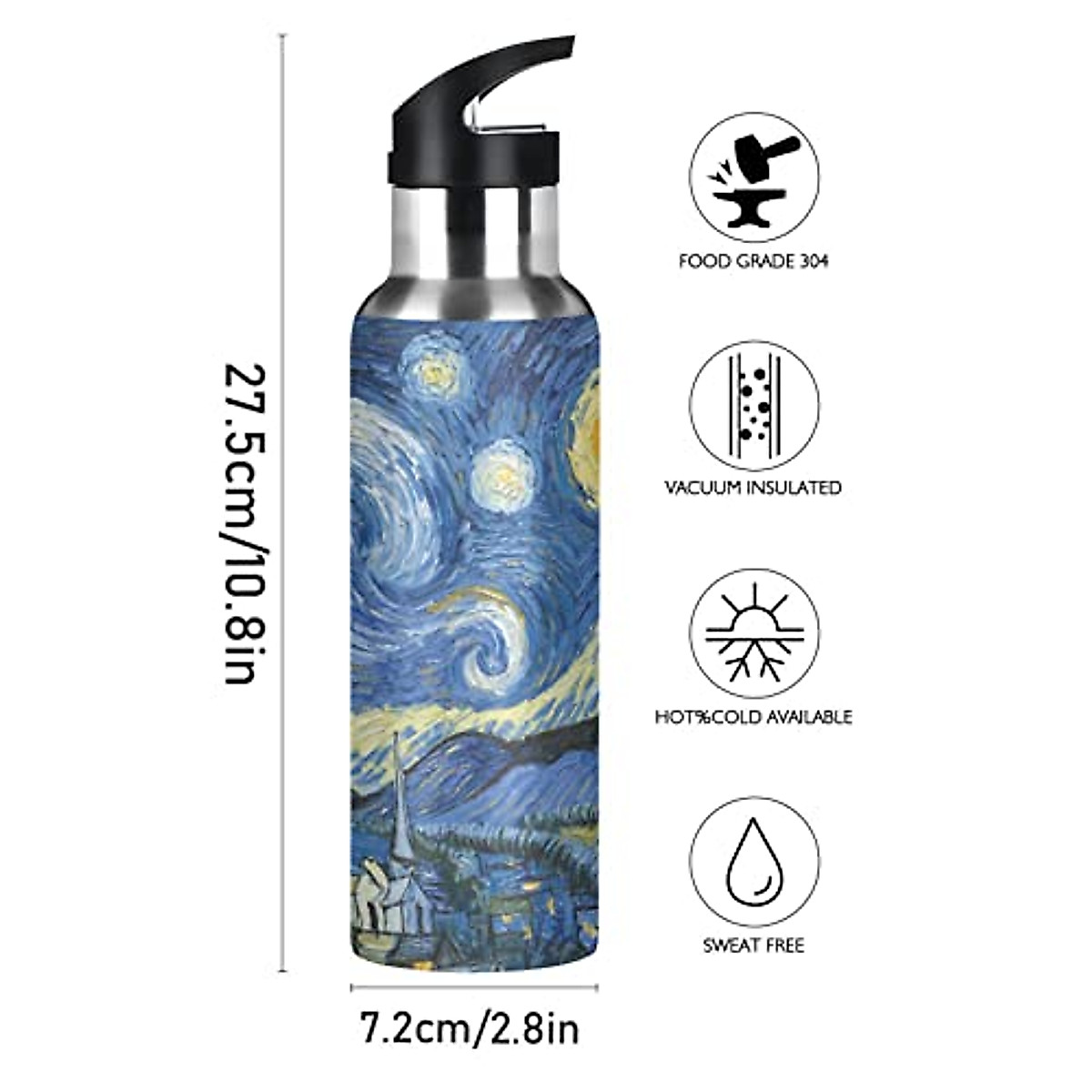 Qilmy Starry Night Sport Water Bottle with Straw Lid Double Wall Vacuum Insulated Flask Stainless Steel Water Bottle 20 oz