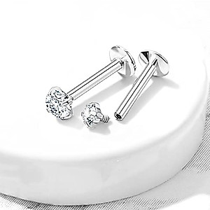 Forbidden Body Jewelry 16 g Titanium Internally Threaded Tragus Piercing CZ Top Flat Back Piercing Nose Studs Earring, Helix, Cartilage, Labret, Monroe for Women or Men (10mm/3mm X2)…