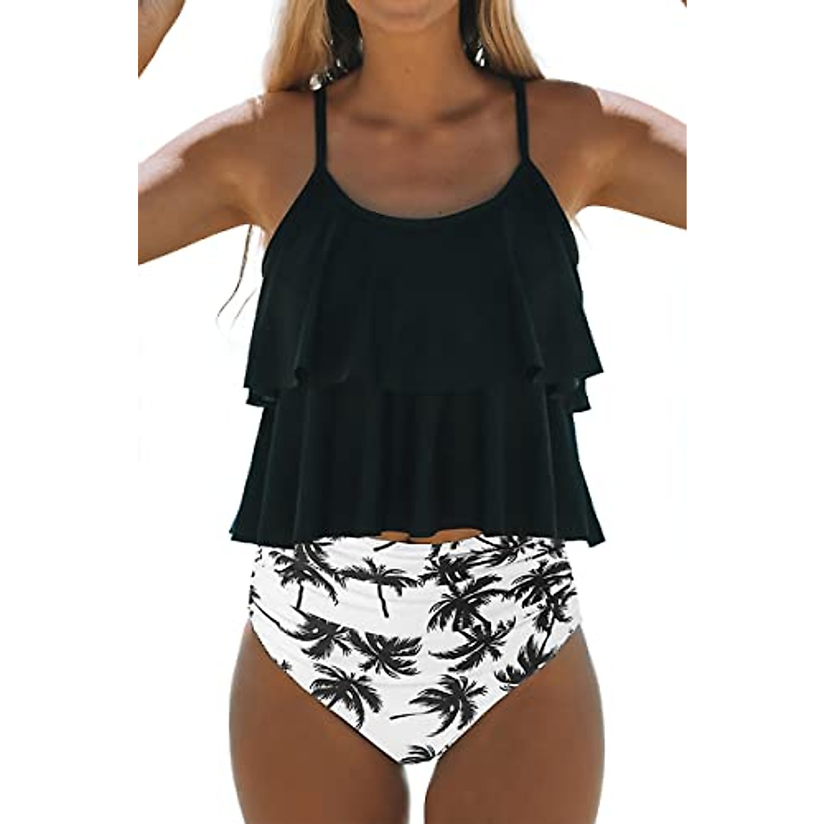 Beachsissi Tankini Bathing Suit Leaf Print High Waisted Tummy Control 2 Piece Swimsuit, Leaf, M