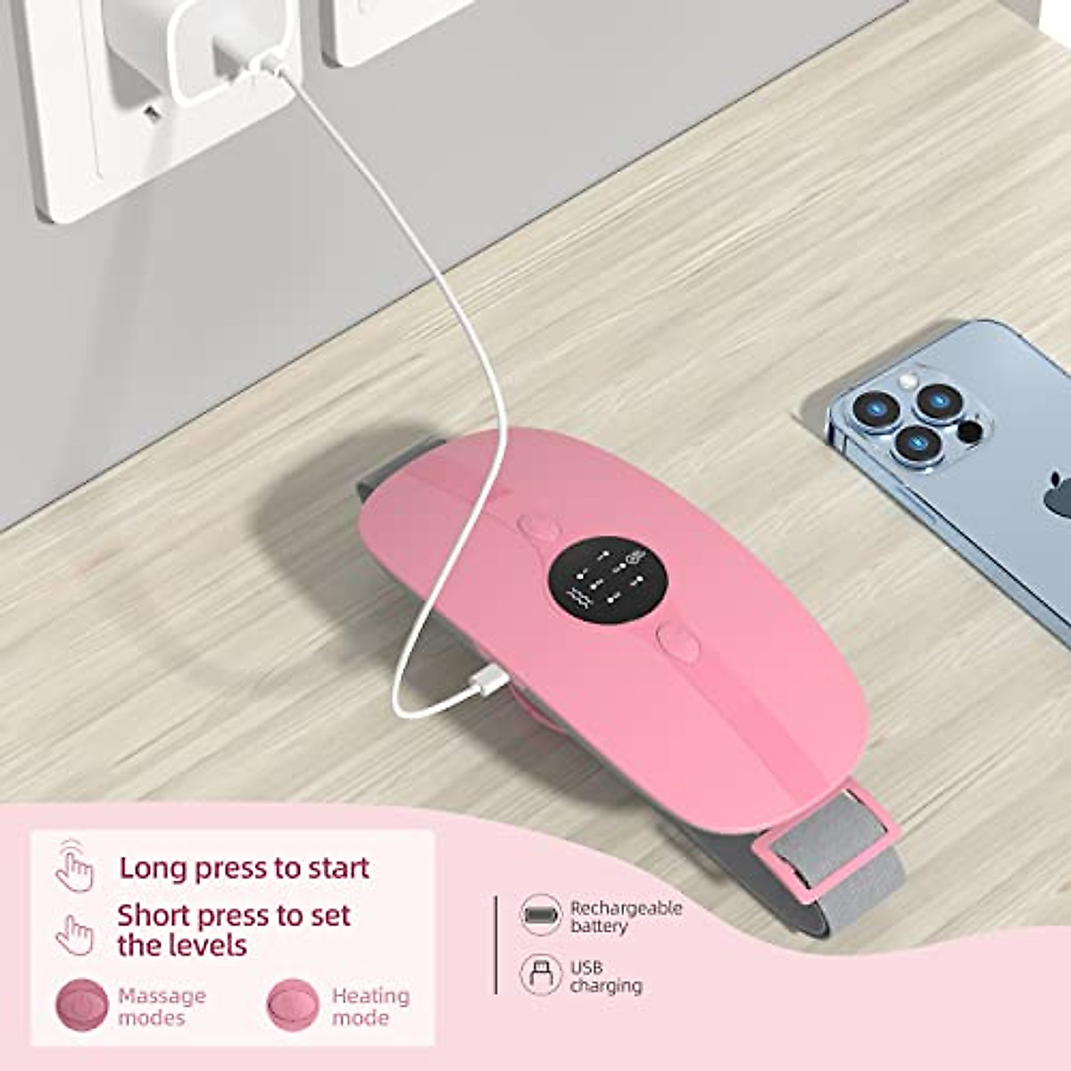 HZD Portable Cordless Heating Pad, Period Menstrual Heating Pad with 3 Heat Levels and 3 Massage Modes, Portable Electric Fast Heating Belly Wrap Belt for Women and Girl