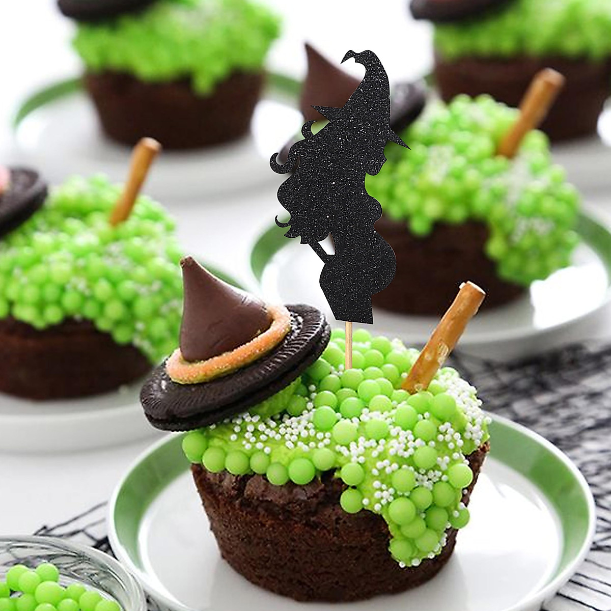 12pcs Halloween Witch Baby Shower Cupcake Toppers - Cauldron Witch Gender Reveal Party Decorations, Halloween Boy or Girl Cupcake Toppers