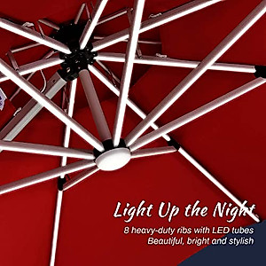 PURPLE LEAF 11ft Solar powered LED Patio Umbrella Outdoor Round Umbrella Large Cantilever Umbrella with LED lights Windproof Offset Umbrella Heavy Duty Sun Umbrella for Garden Deck Pool Patio, Terra