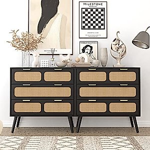 QEIUZON 3 Drawer Dresser, Modern Rattan Dresser Chest with Wide Drawers and Metal Handles, Farmhouse Wood Storage Chest of Drawers for Bedroom, Living Room, Hallway, Entryway (Black-2 Packs)