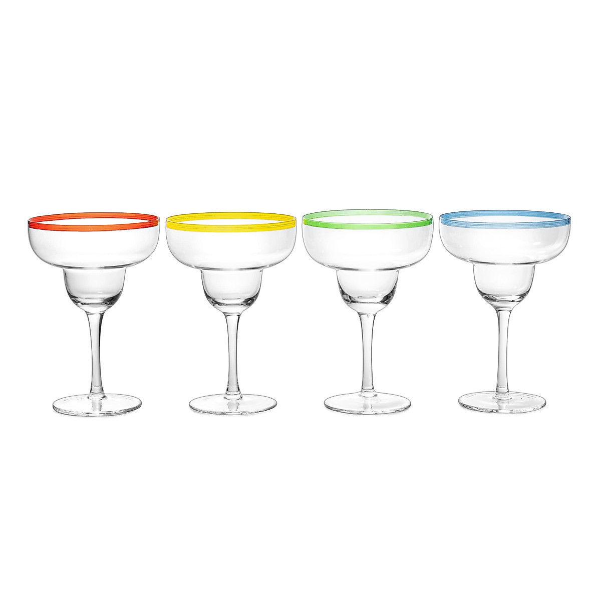 12 oz Margarita Cocktail Glasses + Colorful Party Rims | Set of 4 | Heavy Duty, Thick, Hand Blown, Classic Frozen Drinks Stemware + Fun Mexican Gift Box, Great Gifts! Fiesta Party Decoration Glasses
