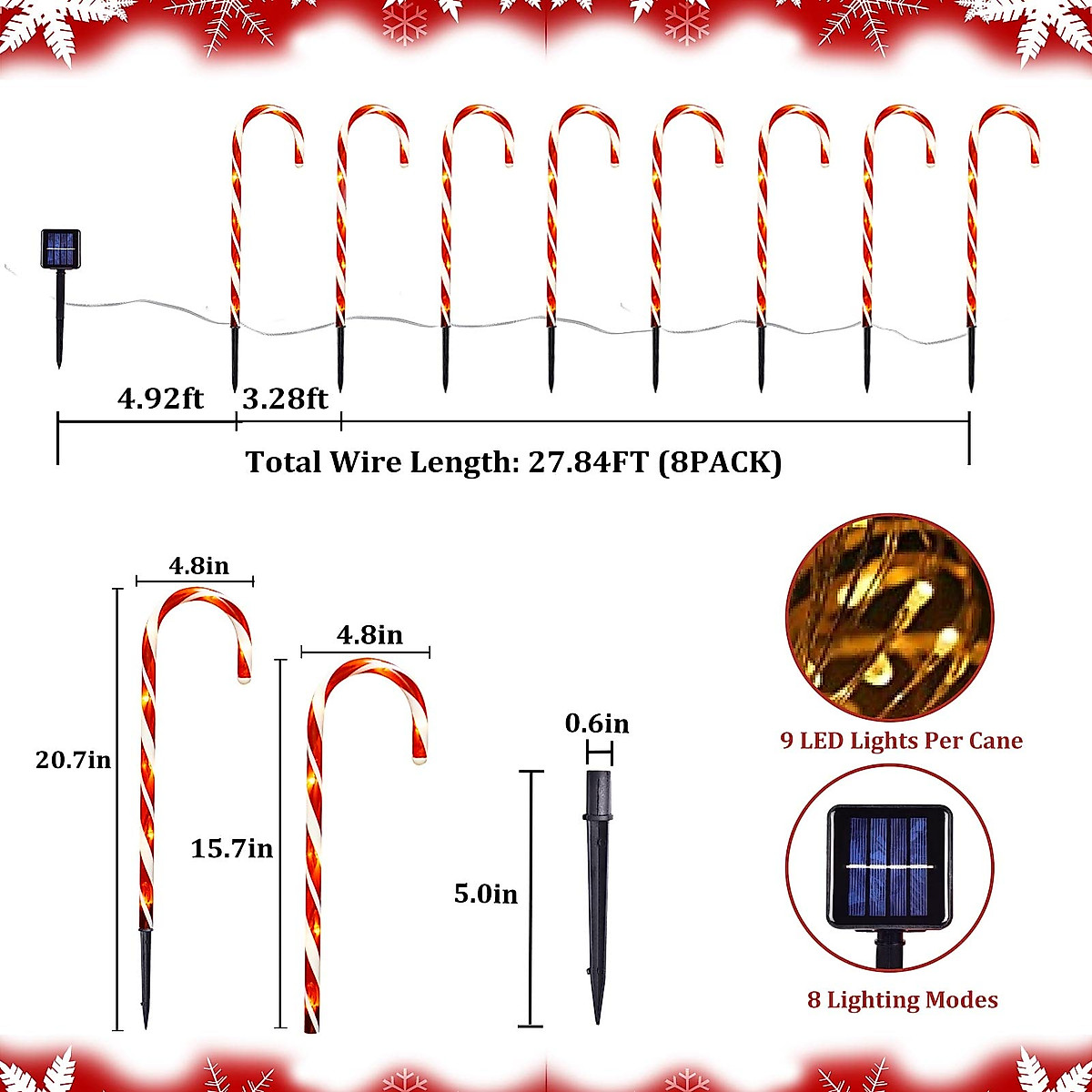 BRIGHTDECK Christmas Solar Candy Cane Pathway Lights, 8 Pack 21“ Outdoor LED Christmas Decorative Marker Lights, Light Up Solar Stake Lights for Holiday, Xmas, Walkway, Sidewalk, Garden,Yard（Red）
