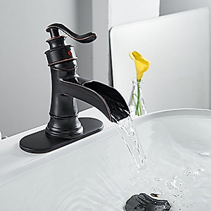 Bathroom Faucet Oil Rubbed Bronze Waterfall Sink Bath Faucets Farmhouse Spout Lavatory Vanity Deck Mount Single-Handle One Hole Matching Pop Up Drain Stopper Supply Lines Hose Lead-Free By Bathfinesse