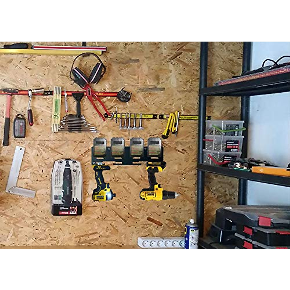 Battery Rack Compatible DeWalt 20V Battery Holder, Mount 4 Slot Bulk Battery Garage Tool, Dewallt 20v Tools, Wall Display Hook Holder (1-1 Aluminum, Black)