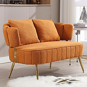 HRVEOCEI Boucle Loveseat Sofa, 52" Small Couch for Small Space Bedroom, Modern Mini Couch Sofa with Gold Chrome Legs and Comfy Pillows for Office Dorm (Orange)