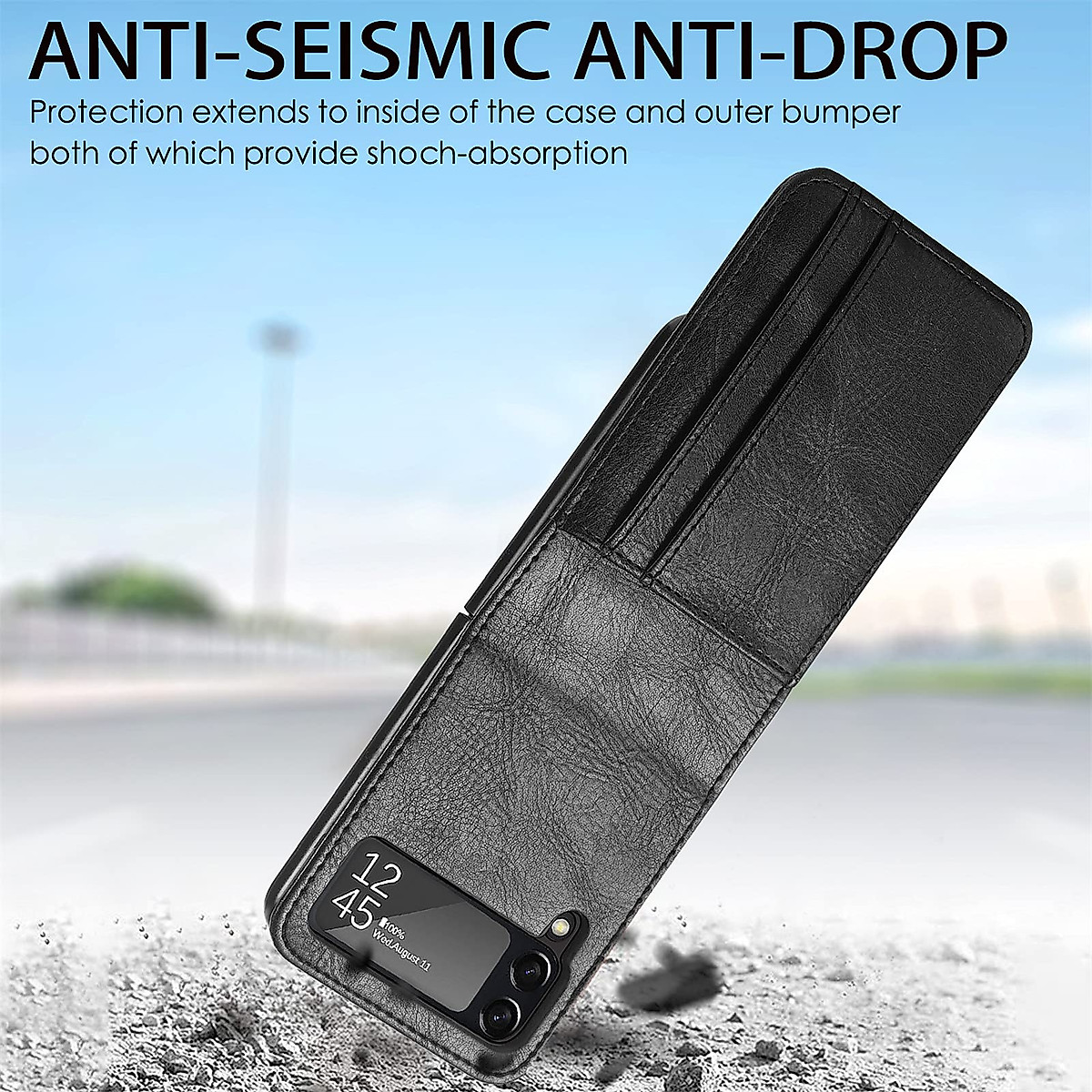 Ephoou Wallet Case for Samsung Galaxy Z Flip 3 5G with Card Holder, Premium PU Leather Phone Cover Case for Samsung Galaxy Z Flip 3 Business Black