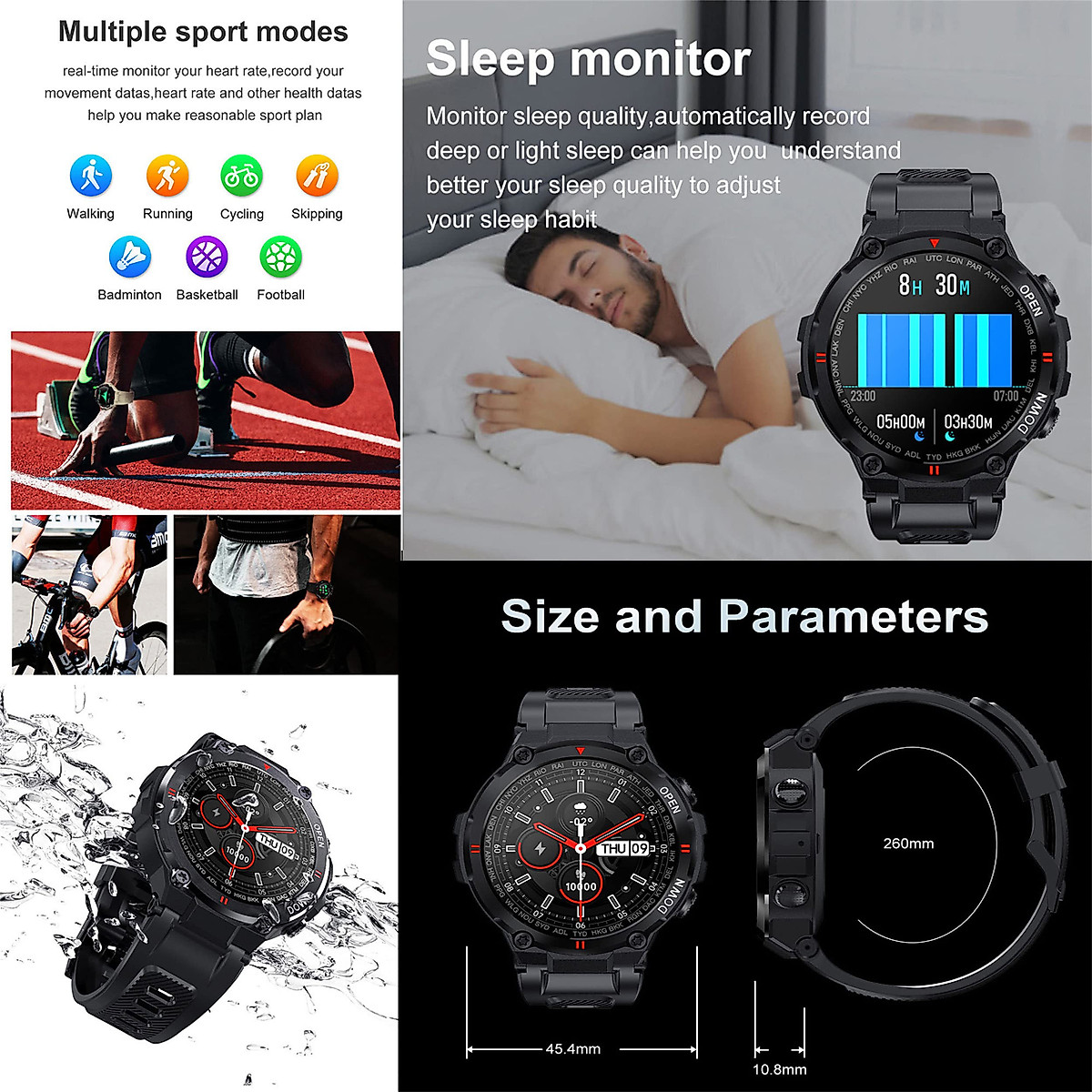 HOUJIN Smart Watch for Men Outdoor Waterproof Tactical Smartwatch Bluetooth Dail Calls Speaker 1.3 inch HD Touch Screen Fitness Tracker Watch for Android and iOS, Black
