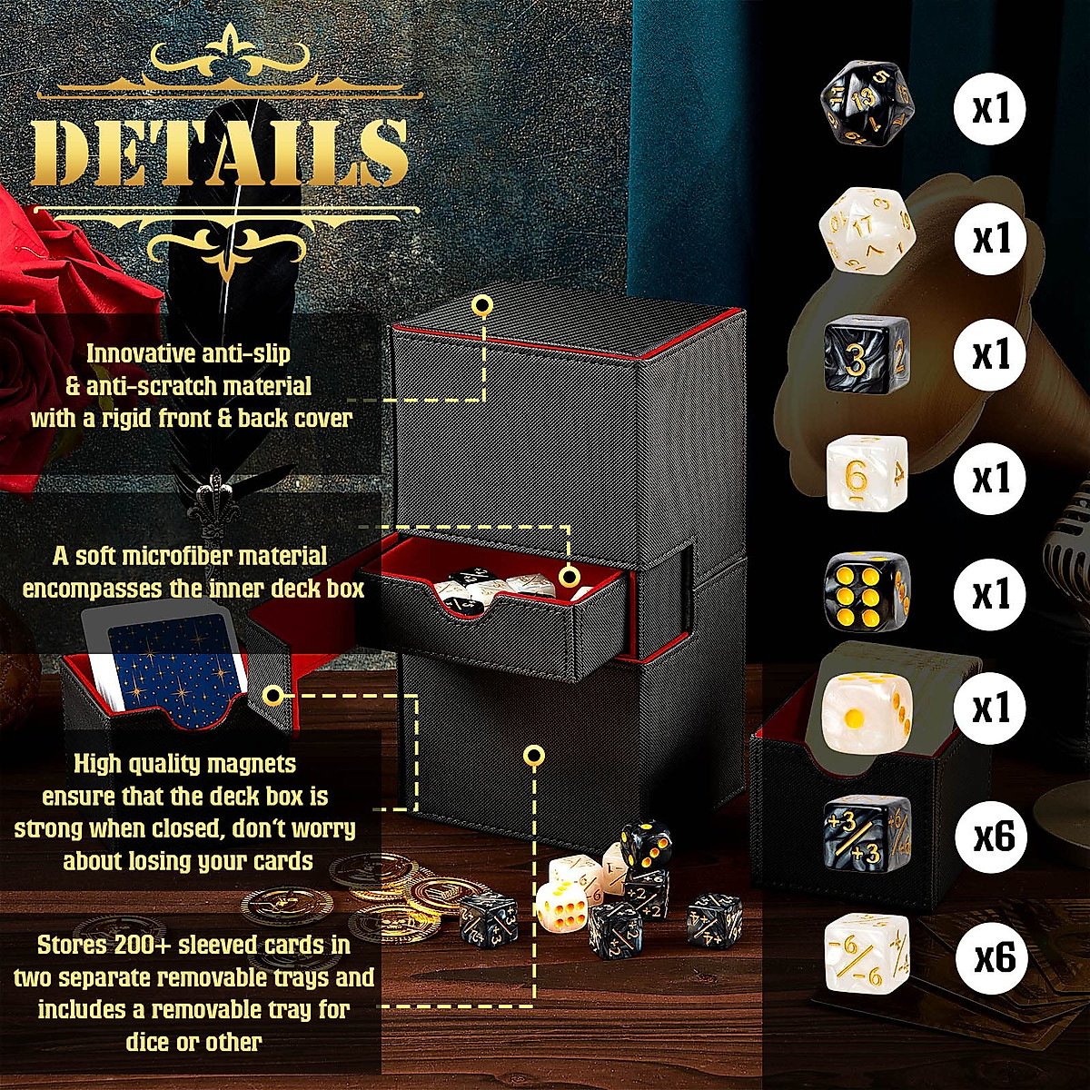 Deekin Deck Card Boxes Cards Deck Game Box Compatible with MTG TCG CCG Commander Deck Playing Card Case Card Deck Holder 3 Tray for 220+ Sleeved Cards with 18 Dice 8" x 4.5" x 3.4" (Red Black)
