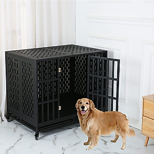 Heavy Duty Dog Crate, 44" Indestructible Metal Dog Kennel, Indestructible Pet Cage for High Anxiety Large Dogs with Sturdy Door Lock and Removable Trays
