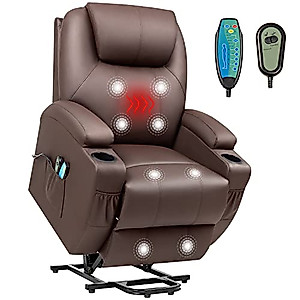 VICTONE Electric Power Lift Recliner Chair PU Leather Sofa Chair for Elderly with Massage and Heat, Side Pockets and Cup Holders (Brown)