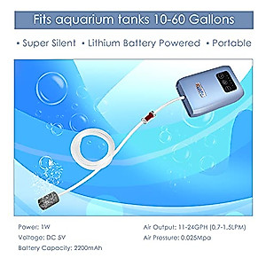 Kulife Aquarium Air Pump, USB Rechargeable Lithium Battery Powered Portable Air Pump for Fish Tanks up to 60 Gallons, AC/DC Dual Mode Oxygen/Aerating Pump for Outdoor Fishing, Emergency, Power Cuts