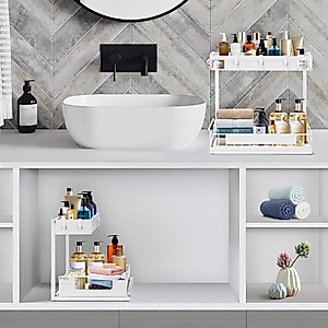 Large Under the Sink Organizer Bathroom, 2-Tier Kitchen Under the Sink Organizers and Storage with 4 Hooks, Cabinet Storage Shelves No Drilling Rustproof Stainless Steel Pull Out Shelf, White