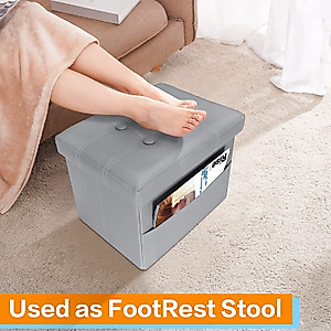 FujDun® Folding Storage Ottoman Foot Rest Footstool with Side Pocket,17 Inch Leather Ottoman Seat for Living Room Bedroom or Dorm,Padded with Thick Sponge,17X13X13in Grey