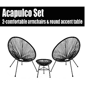 Barton 3 Pieces Acapulco Chair Set w/Glass Table Black Outdoor Patio Furniture Wicker Rattan Modern Conversation Chat Seating