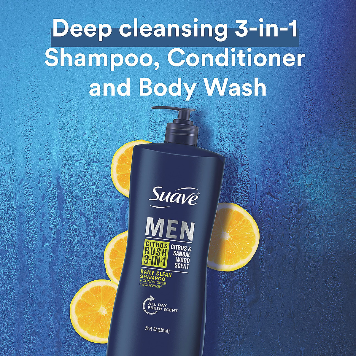 Suave Men 3-in-1 Shampoo Conditioner Body Wash Citrus Rush for Gentle Cleansing and Conditioning Mens Shampoo 3 in 1 Formula with Keratin and Glycerin 28 oz