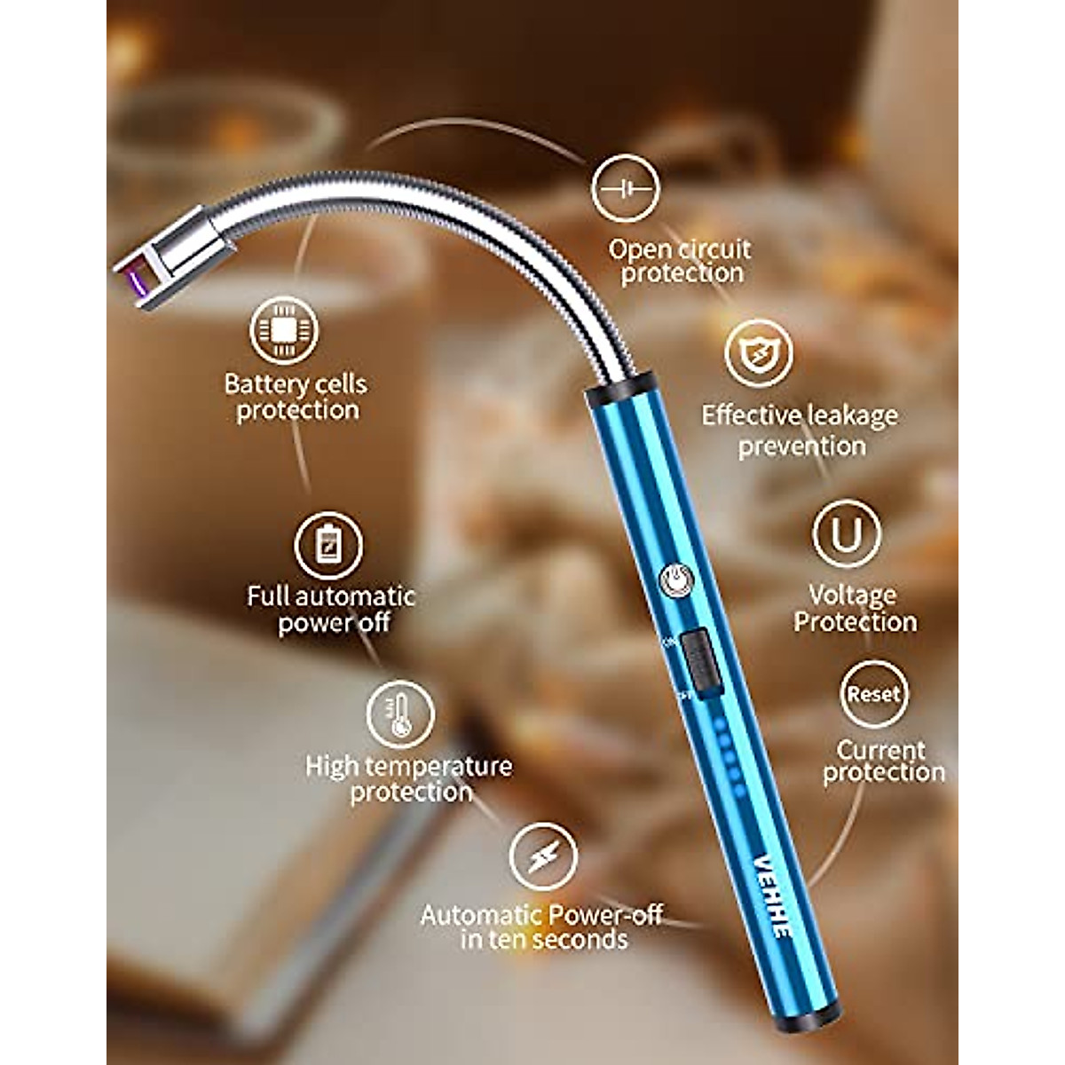 VEHHE Candle Lighter, 2 Pack Rechargeable Electric Lighter with LED Battery Display Safety Switch, Flexible Neck USB Lighter for Candles Camping Grill Gas Stoves Cooking (Black and Blue)