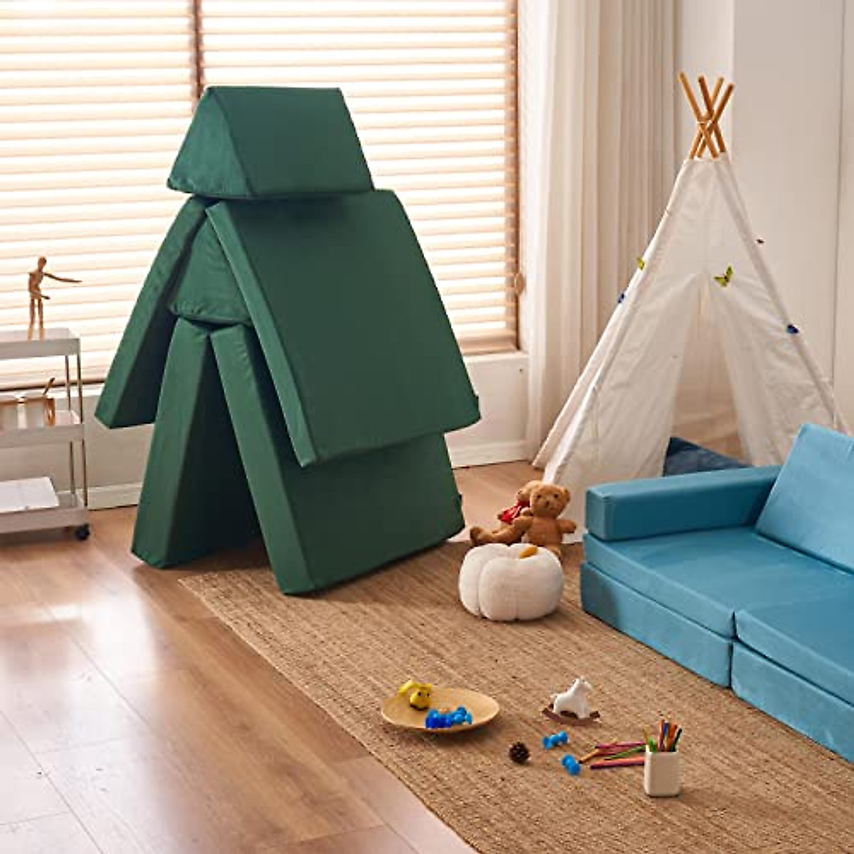 jela Kids Couch Extended Size 8PCS for Family, Floor Sofa Couch Modular Funiture for Kids Adults, Playhouse Play Set for Toddlers Babies, Modular Foam Play Couch Indoor 66" x 33" x 22" Green