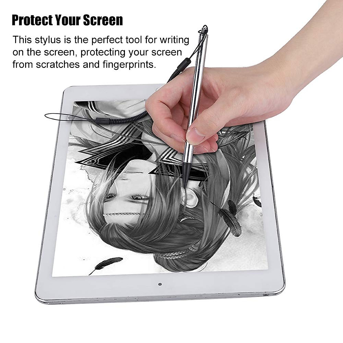 Resistive Pen, High Sensitivity Precision, Universal Pen for, Touch Painting Pen with Spring Rope(Silver)