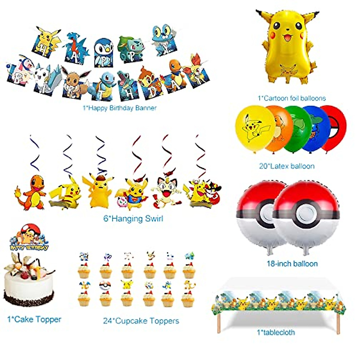 Cartoon birthday party supplies, including happy birthday banners, cupcakes, tablecloths and stickers, children's cartoon party decorations