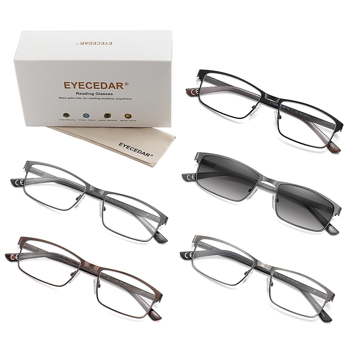 EYECEDAR 5-Pack Reading Glasses for Men Rectangular Metal Readers Eyeglasses Spring Hinges with Sun Readers Glasses Mens Readers 2.5