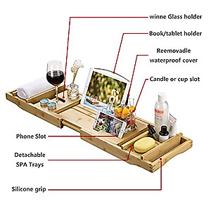 Yescom Extendable Bamboo Bathtub Caddy Tray Organizer Over Tub Rack Phone Tablet Holder 2 Side Trays with Free Soap Dish for Bathroom Spa Reading