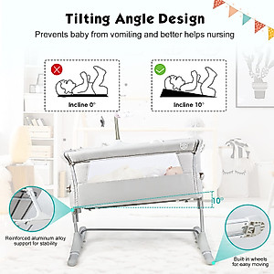 BABY JOY Baby Bassinet, Height Adjustable Portable Bassinet Crib w/Music Box, Toy Rack, Mattress, Breathable Mesh & Travel Bag, Easy Folding Bassinet Bedside Sleeper for Newborn Infant (Light Grey)
