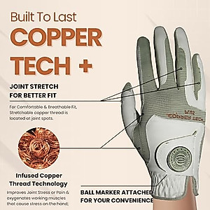 Copper Tech Plus Women's Golf Gloves with Ball Marker - Ladies Golf Gloves with 100% AAA Synthetic Leather - Wrist Support & Breathability - Golf Gloves Left Handed Golfer (Hand Orientation: Right)