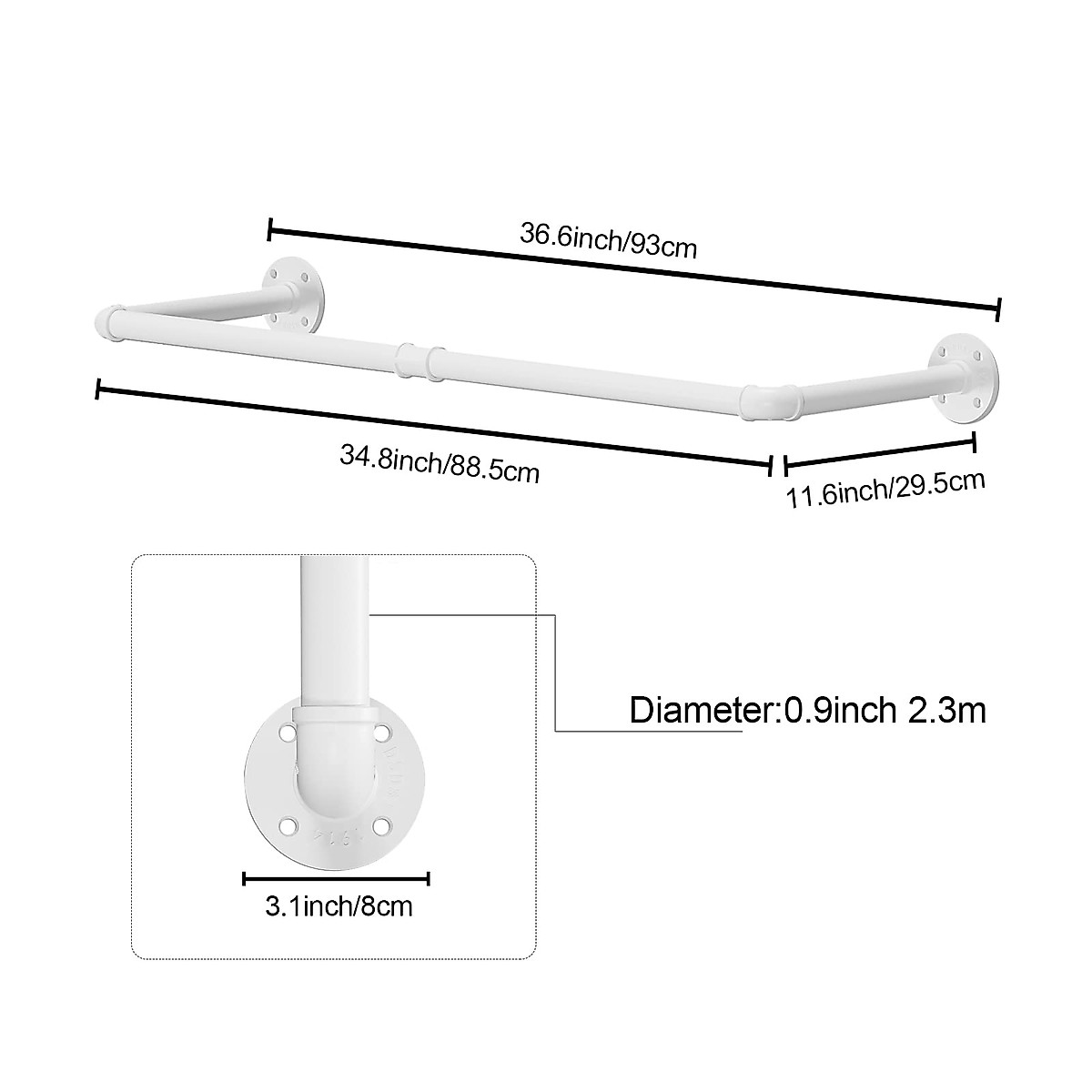 HOEMLIM Industrial Pipe Clothing Rack Wall Mounted Clothes Rack Heavy Duty Space-Saving Garment Bar Rack Detachable Multi-Purpose Hanging Rod,36 inch(White)