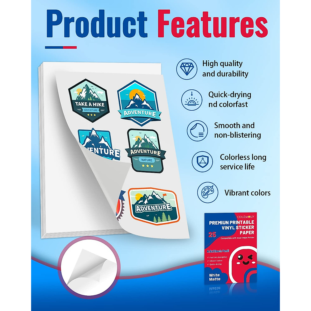 Colemoly Sticker Paper Printable Vinyl for Inkjet Printer 25 Sheets Matte White Waterproof Decals Adhesive Quick Drying Tear resistance Non-residue Label Vivid Color 8.5x11 In for Craft,Scrapbooking