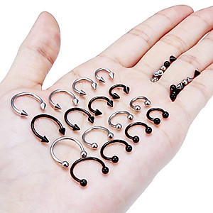 Lcolyoli 16G Variety of Sizes Horseshoe Rings Surgical Steel Nose Septum Rings Hoop Eyebrow Smiley Lip Rings Tragus Earring Daith Helix Piercing Jewelry for Women Men 6mm 8mm 10mm 12mm Black