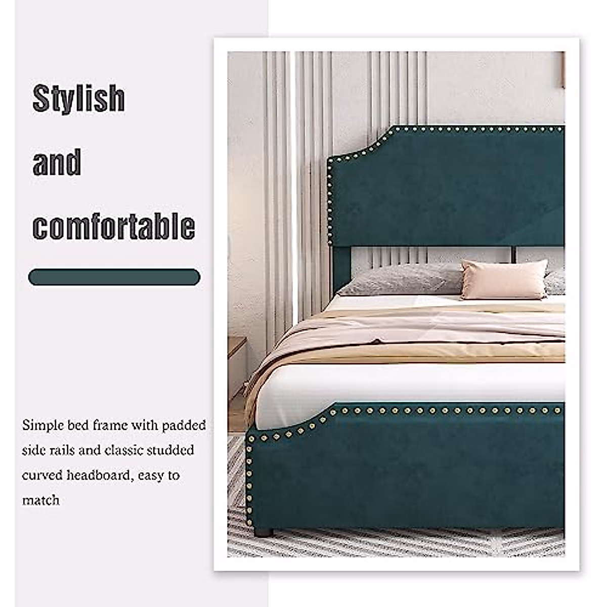 bzbbzc Queen Size Velvet Upholstered Platform Bed Frame with 4 Storage Drawers and Headboard, Rivet Curved Adjustable Headboard/Strong Wooden Slats/Easy Assembly/Green