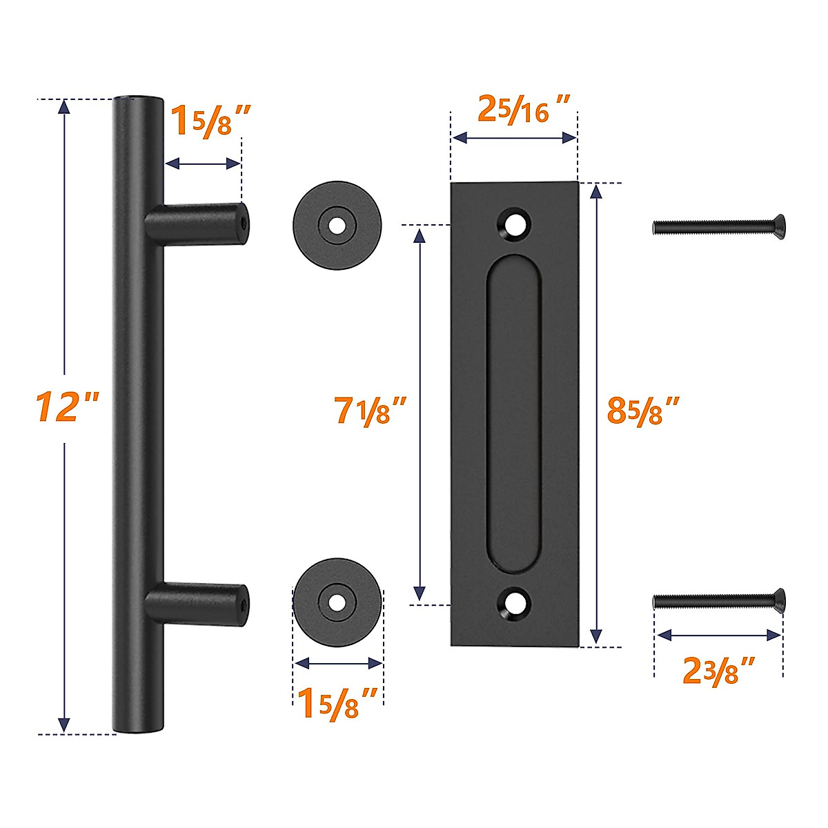HomLxclx 12" Sliding Barn Door Handle Pull and Flush Hardware Set & Barn Door Floor Guide 8 in 1 Adjustable Roller, Easy to Install, Black