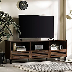 Walker Edison Modern Slatted Wood TV Stand for TV's up to 80" Universal TV Stand for Flat Screen Living Room Storage Cabinets and Shelves Entertainment Center, 70 Inch, Dark Walnut