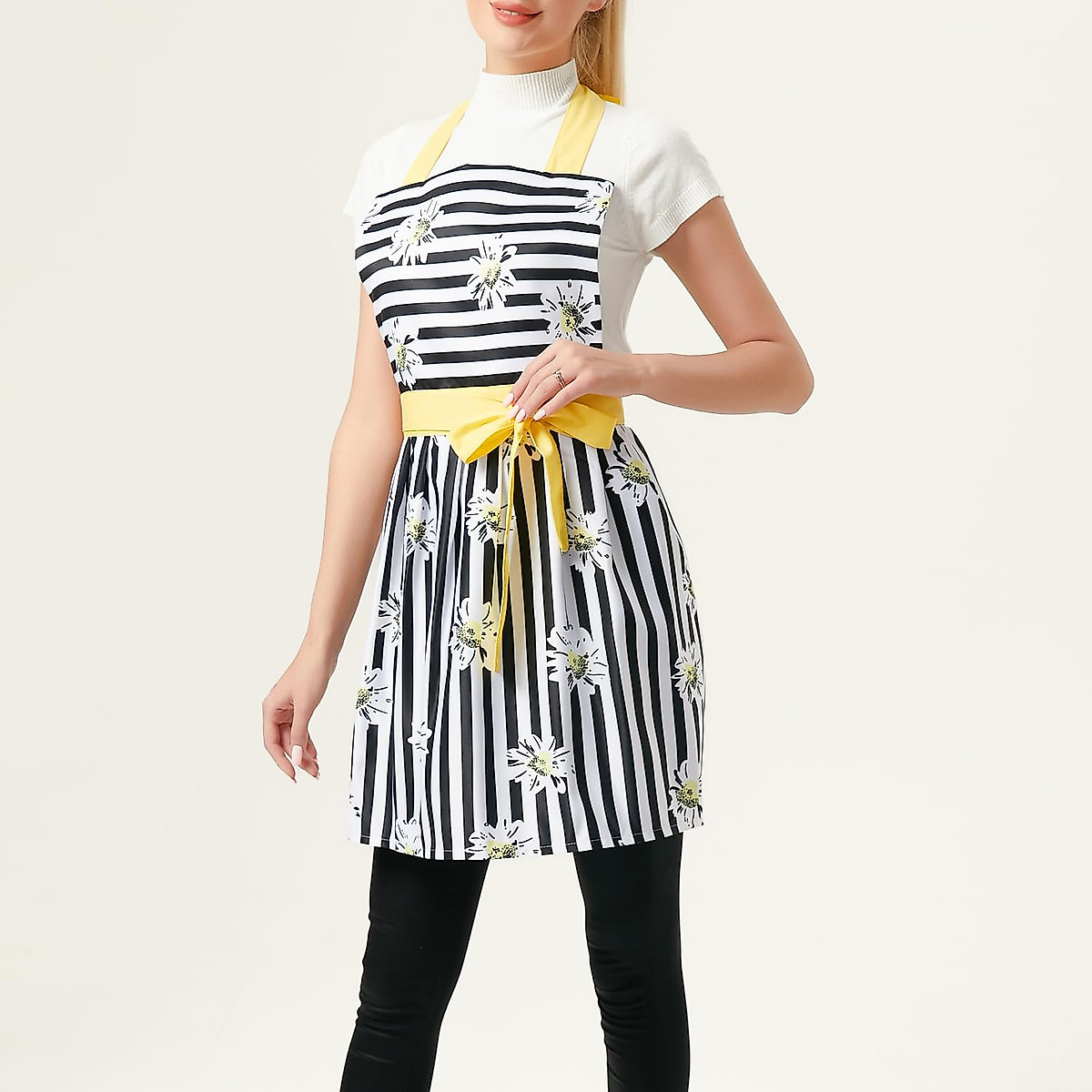 Lovely Comfortable Claccic Black Stripe and Fashion Daisy Skirt Kitchen Women Apron for Ladies Girls Wife Daughter (Yellow)
