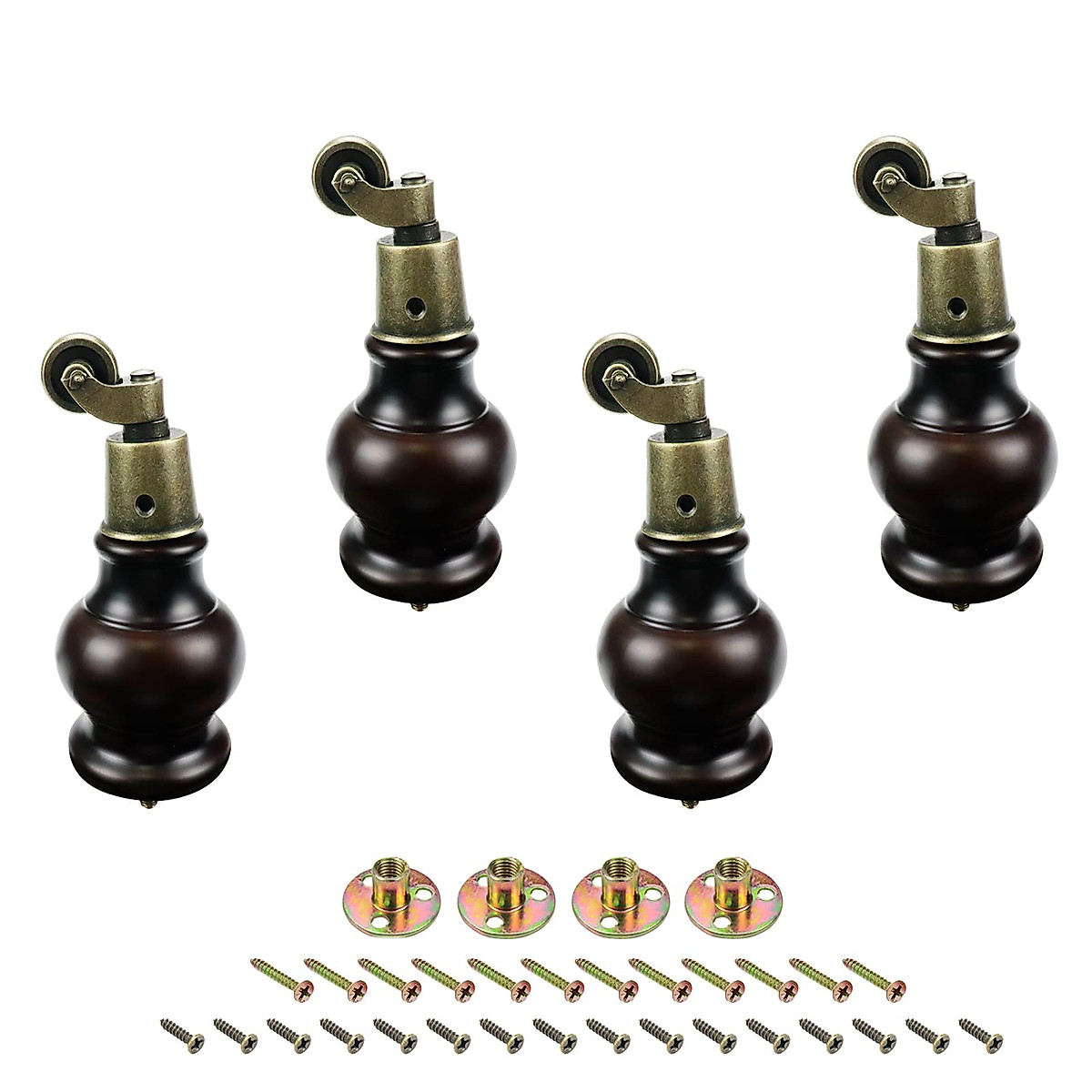 LC LICTOP Eucalyptus Wood Furniture Legs Wood Sofa Legs Replacement Round Gourd Wooden Turned Feet with Caster Wheels Height 120mm/4.72", 4PCS