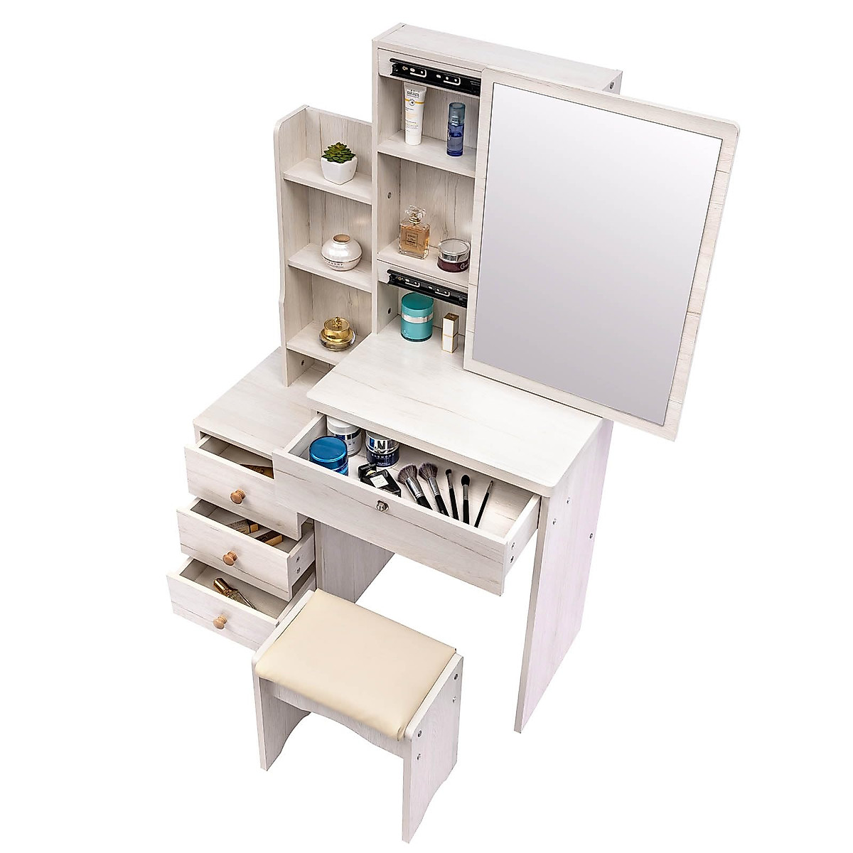 STELSIPLIY Vanity Desk with Mirror, Makeup Desk Set with Cushioned Stool,Fashionable Makeup Furniture with Multi Layer High Capacity Storage,4 Drawers,White (4 Drawers)