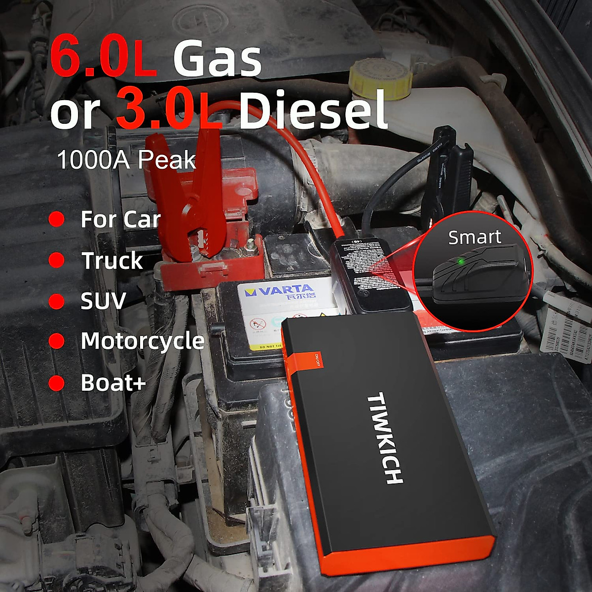 TIWKICH A13 Car Jump Starter 1000A (Up to 5.0L Gas and 2.0L Diesel Engines),12V Lithium Auto Portable Battery Charger jumpstart Booster Pack with LED Light and Tpy-c