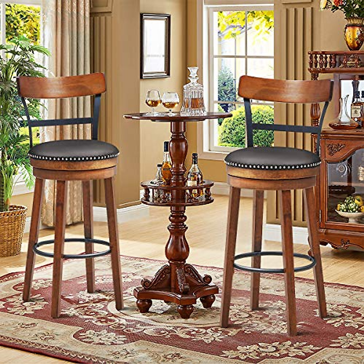 COSTWAY Bar Stools Set of 2, 360-Degree Swivel Stools with Leather Padded Seat, Single Slat Ladder Back & Solid Rubber Wood Legs, Bar Height Stools for Pub, Restaurant, Kitchen, Brown (2, 30.5)