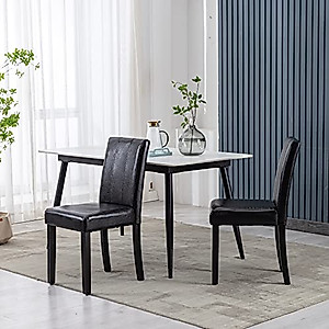 FUNESI PU Leather Upholstered Dining Chair, Armless Parsons Chair with Black Solid Wood Legs Set of 2（Black